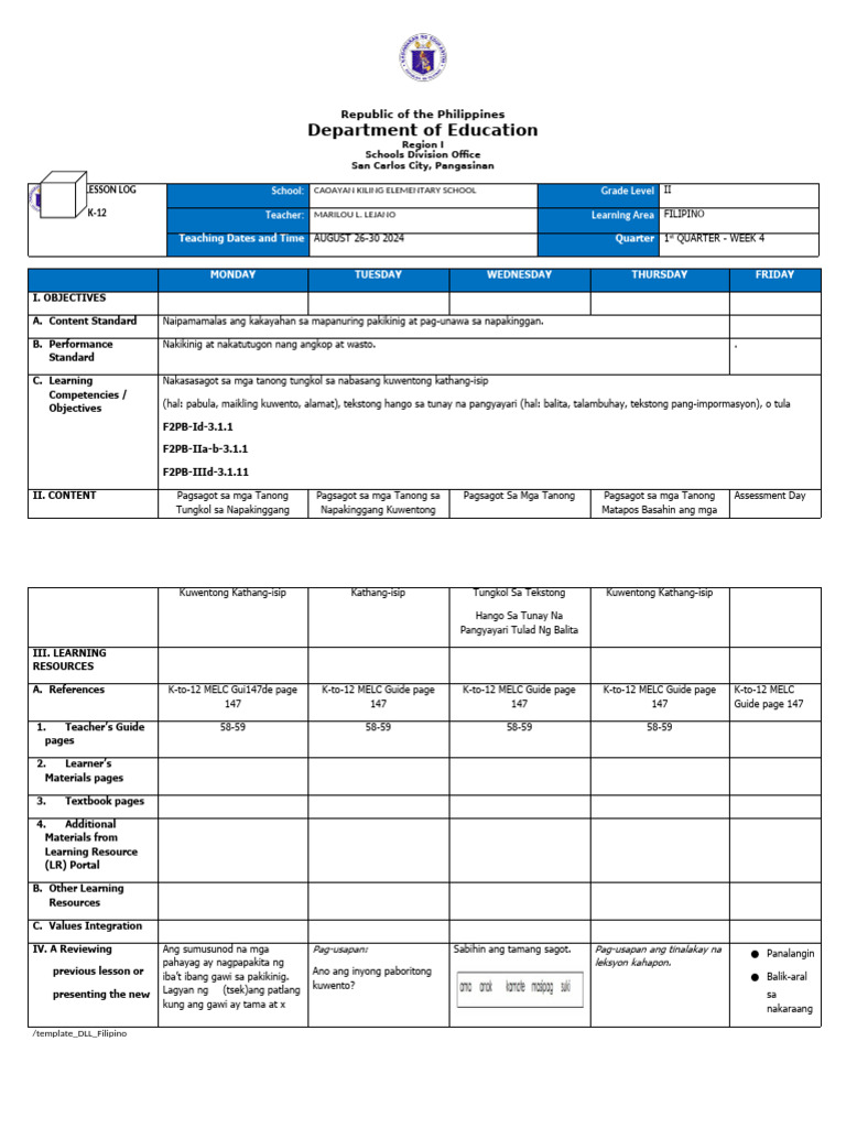 DLL - Filipino 2 - Q1 - W4 | PDF