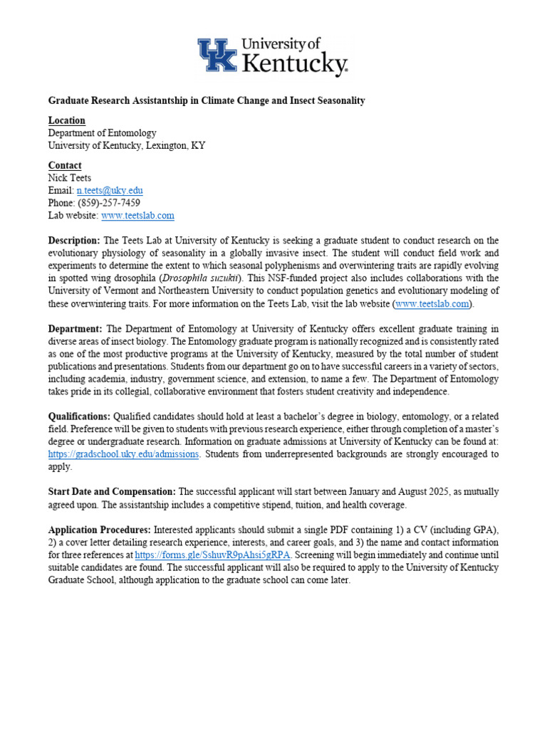 Graduate Student in Insect Seasonal Adaptation | PDF