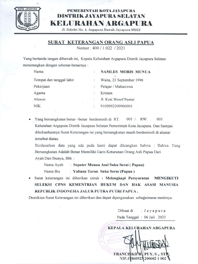Surat Keterangan Kelurahan | PDF