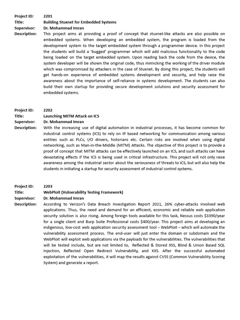 FYP Descriptions | PDF