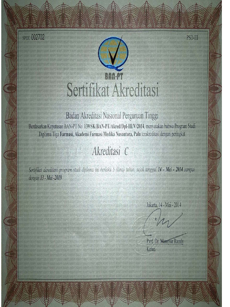 Sertifikat Akreditasi 2014-2019 Prodi D3 Farmasi-631 | PDF