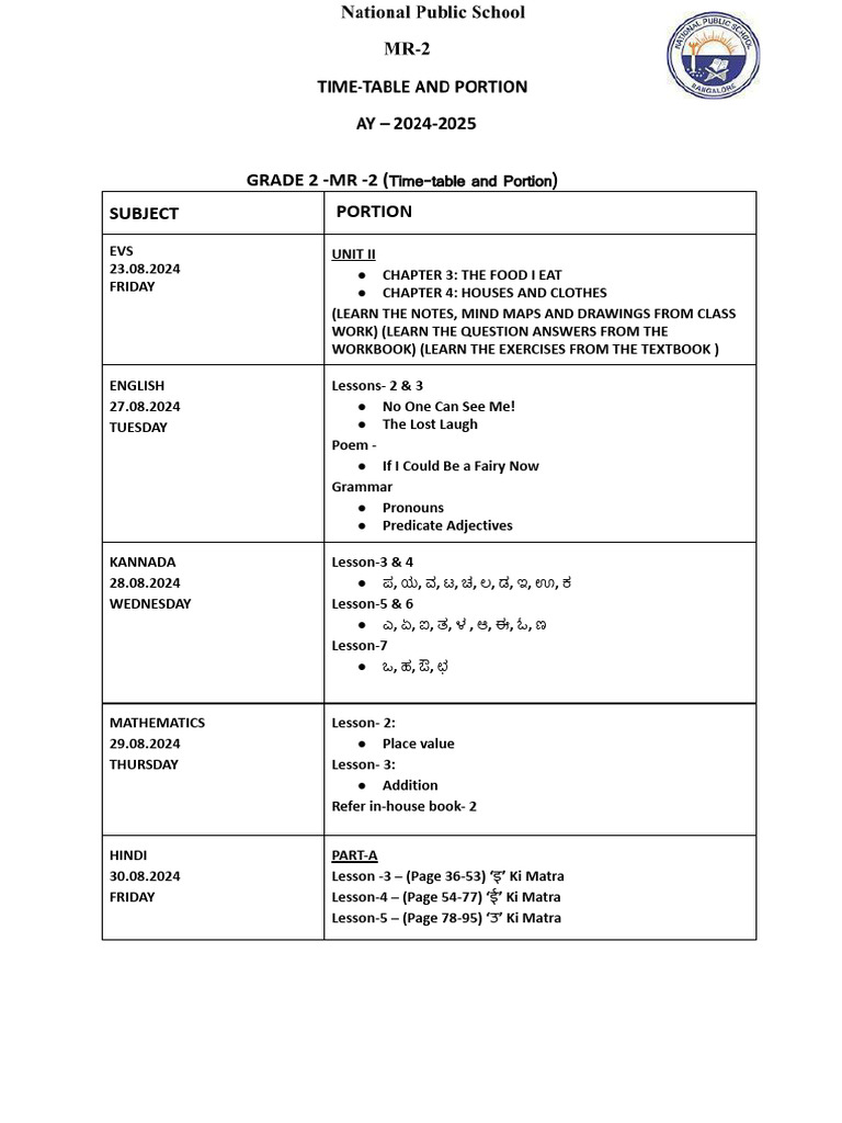 Grade II MR2 (Timetable and Portion List) | PDF