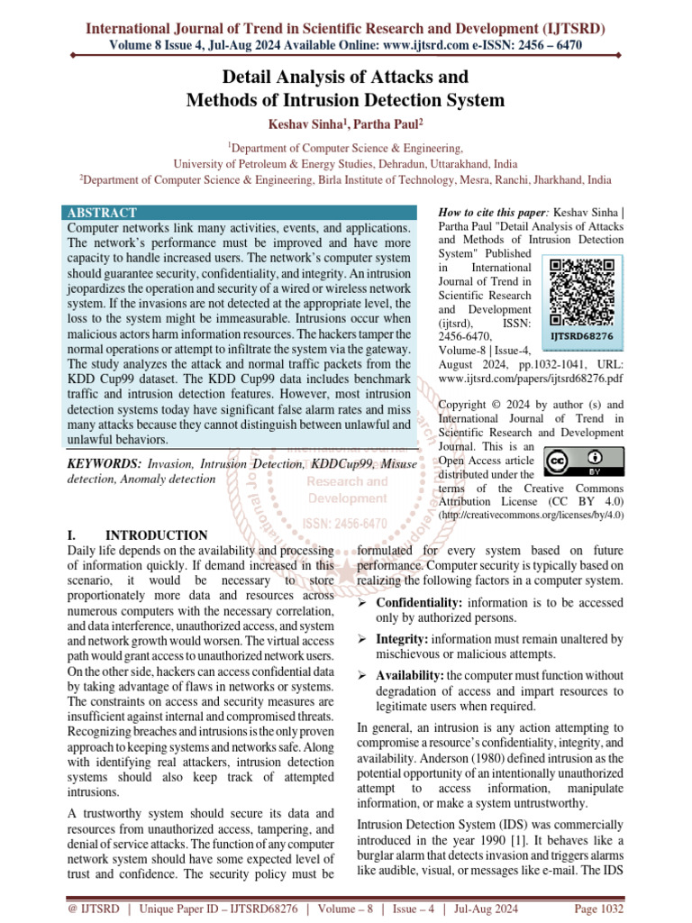 Detail Analysis Of Attacks And Methods Of Intrusion Detection System Pdf Denial Of Service