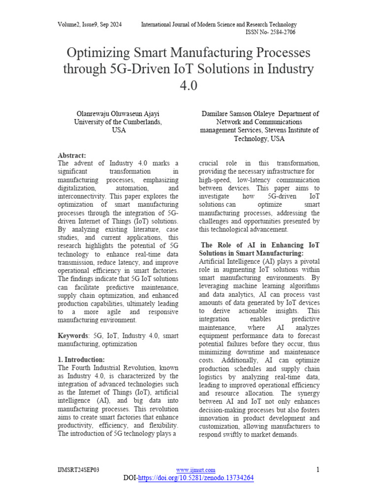 Optimizing Smart Manufacturing Processes Through 5G-Driven IoT Solutions in Industry 4.0 | PDF