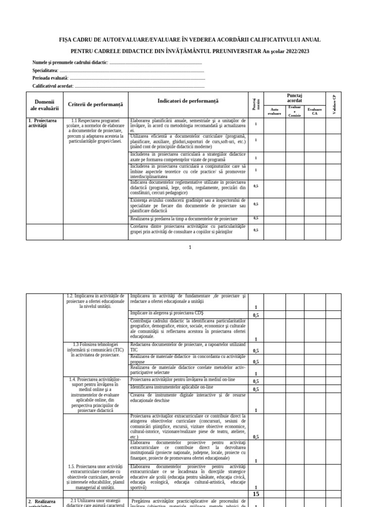 FISA DE AUTOEVALUARE 2022-2023 | PDF