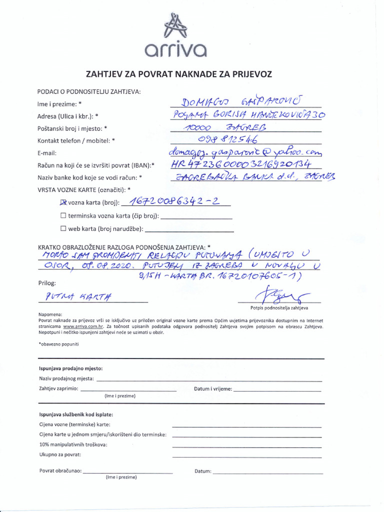 Arriva - Zahtjev Za Povrat | PDF