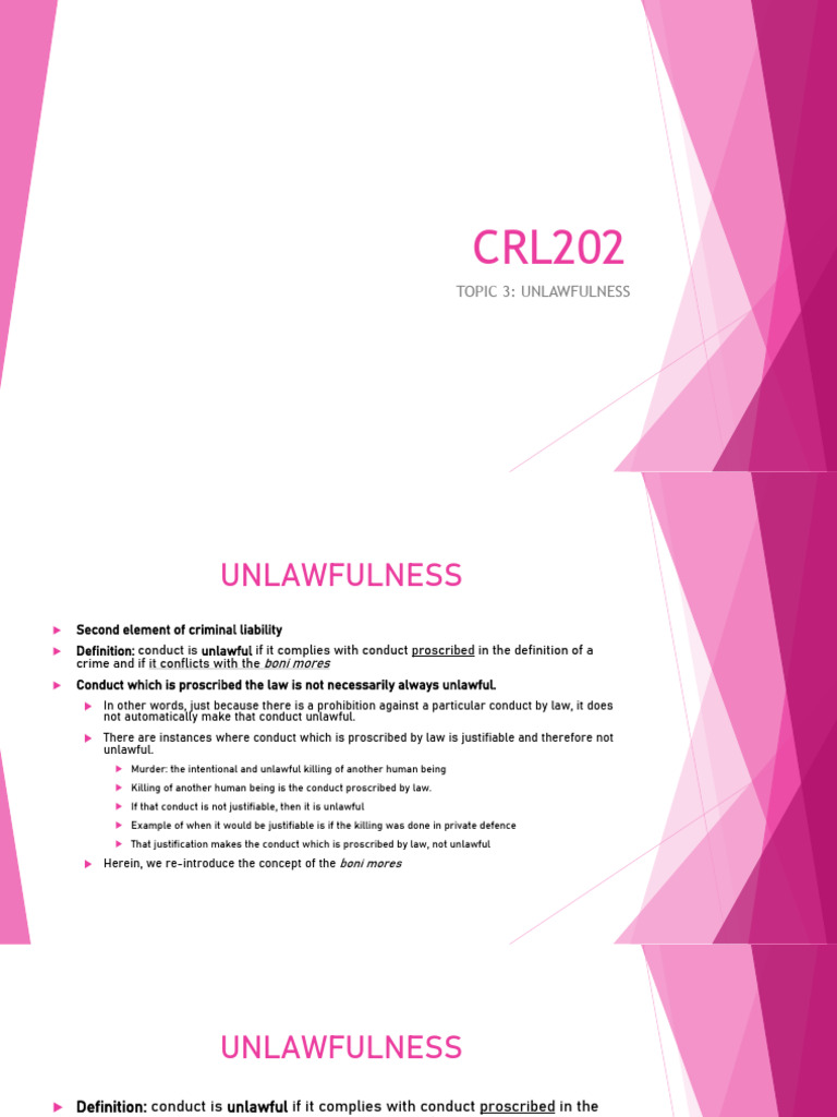 CRL202 Topic 3 Unlawfulness | PDF | Crimes | Law