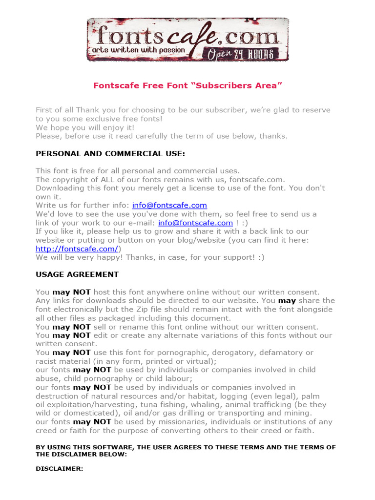 Fontscafe Free Fonts Subscribers Area Terms of Use | PDF