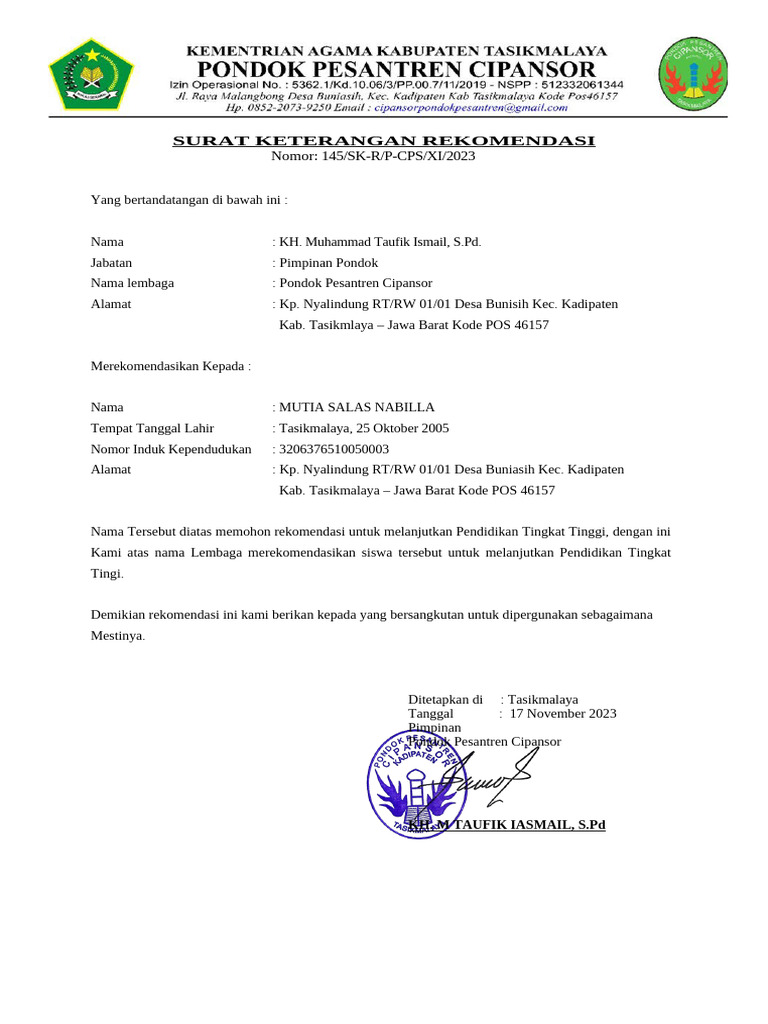 Surat Rekomendasi & Aktif Pesantren - Mutia Salas Nabilla | PDF