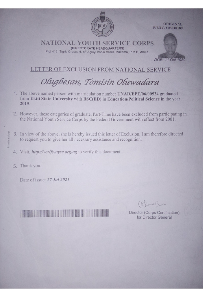 Olugbesan Tomisin NYSC EXEMPTION LETTER | PDF