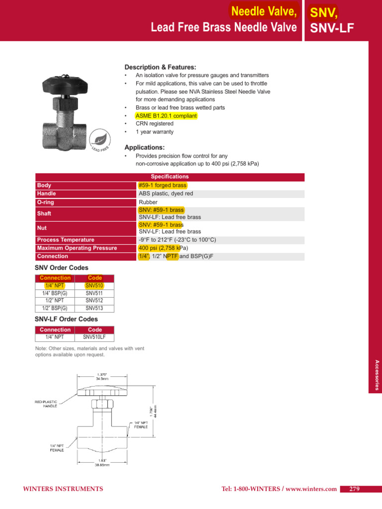 SNV - Winters Needle Valve | PDF