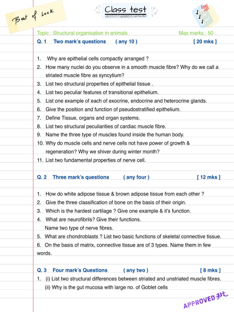 Animal Tissue Class Test | PDF