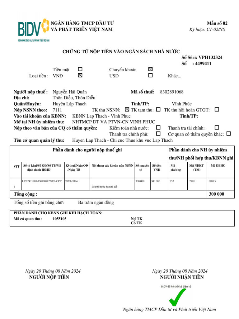 Ký hiệu: C1-02/NS: Phần Dành Cho Kbnn Ghi Khi Hạch Toán: Mã cơ quan thu: 1055105 Nợ Tk Có Tk | PDF