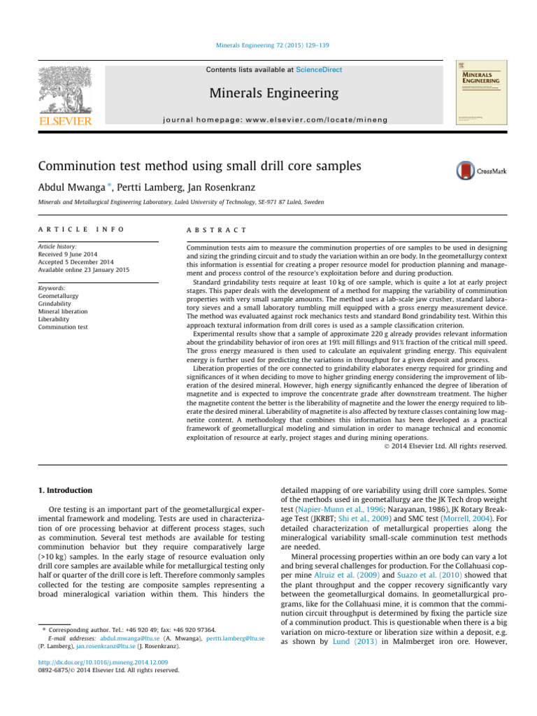 Comminution Test Method Using Small Drill Core Samples | PDF