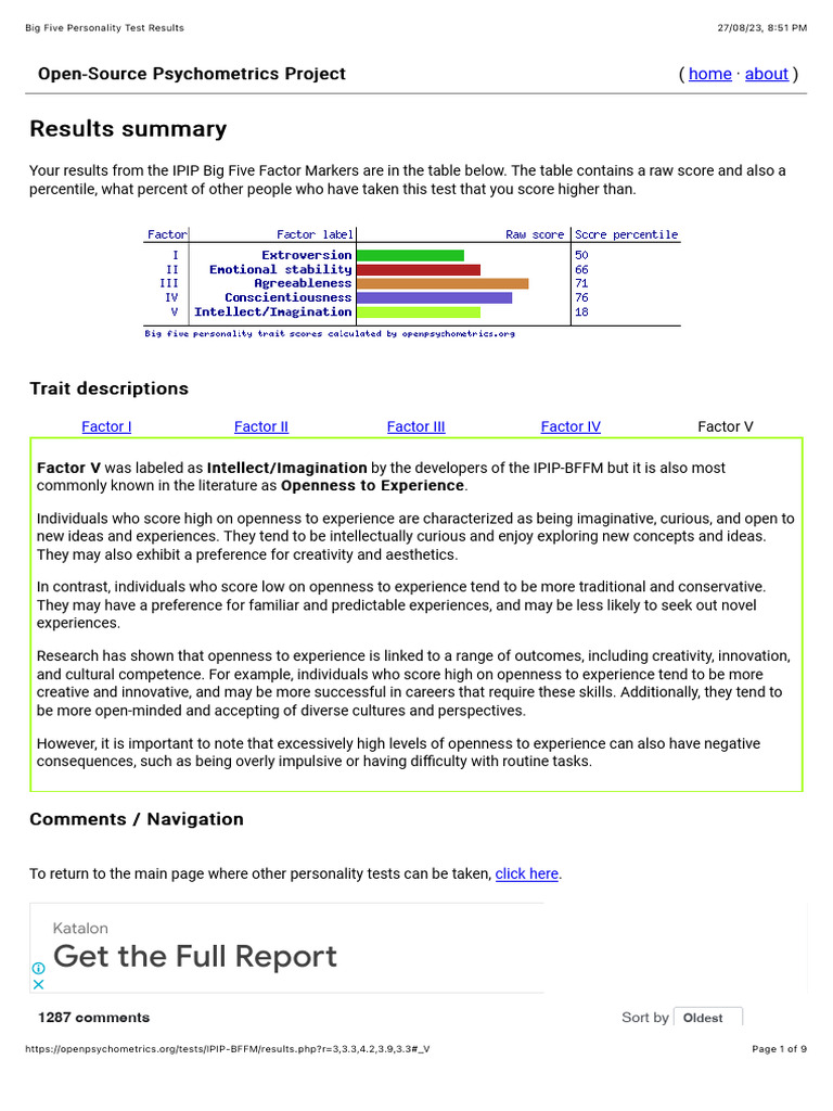 Big Five Personality Test Results | PDF | Psychological Theories | Self ...