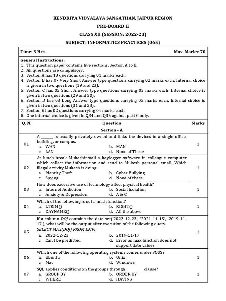 QP Information Practice-XII PB-2 | PDF