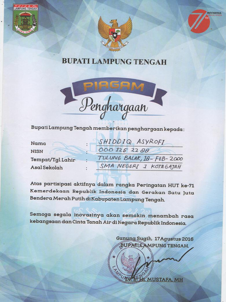 Piagam - Hut Ri 71 | PDF