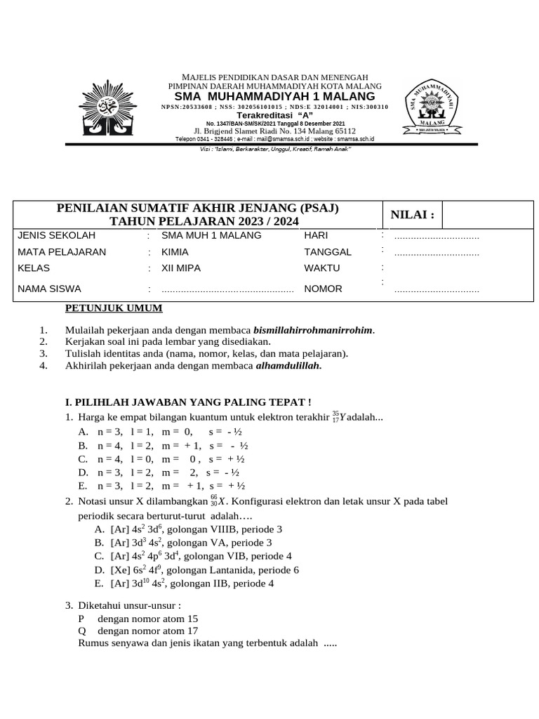 Psaj Kimia Tulis 2024 | PDF