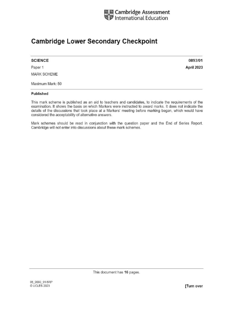 Lower Secondary Checkpoint Past Paper 1 April 2023 MS | PDF