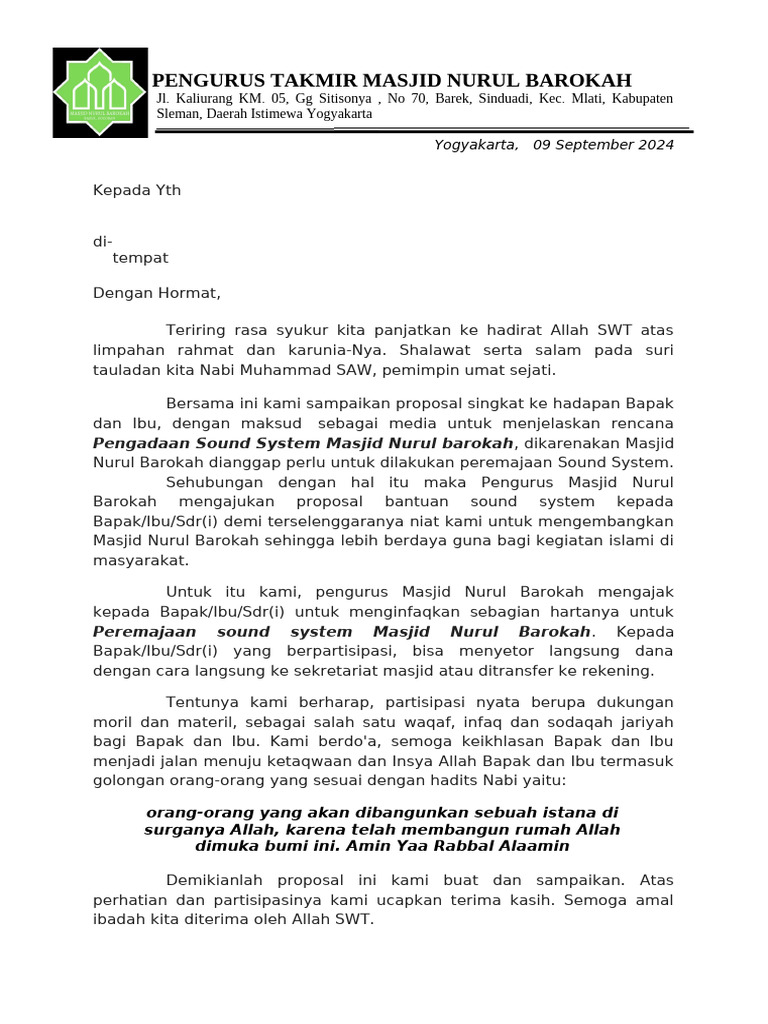 Proposal Pengadaan Sound System Masjid | PDF