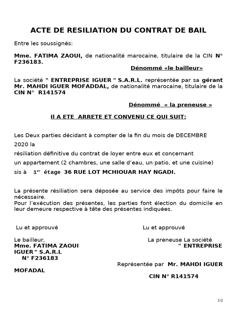 Resiliation Contrat de Bail | PDF