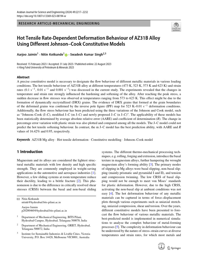 Hot Tensile Rate-Dependent Deformation Behaviour of AZ31B Alloy Using Different Johnson-Cook ...