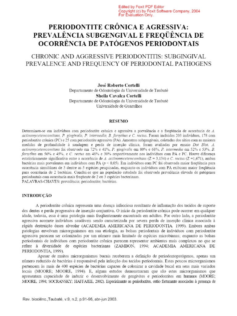 Vista Do PERIODONTITE CRÔNICA E AGRESSIVA - PREVALÊNCIA SUBGENGIVAL E ...