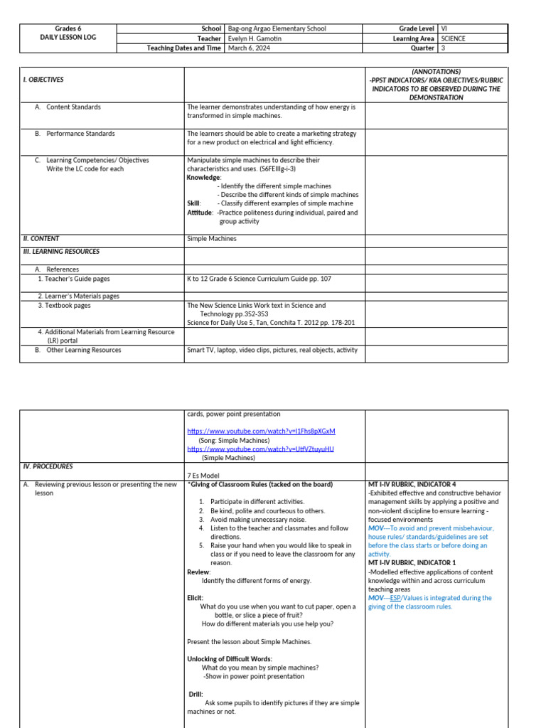 COT DLP Science 6-Simple Machines With Revised Annotations For S.Y. 2022-2023 | PDF | Learning ...