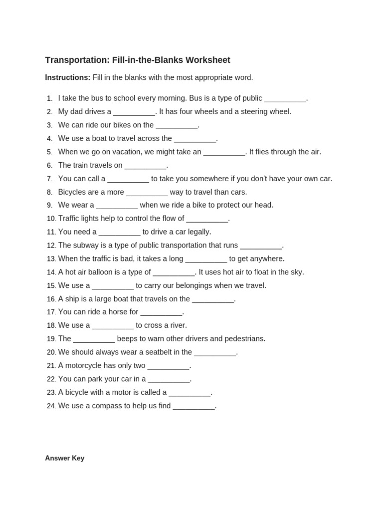 Transportation Fill in The Blanks Worksheet - 156691 | PDF