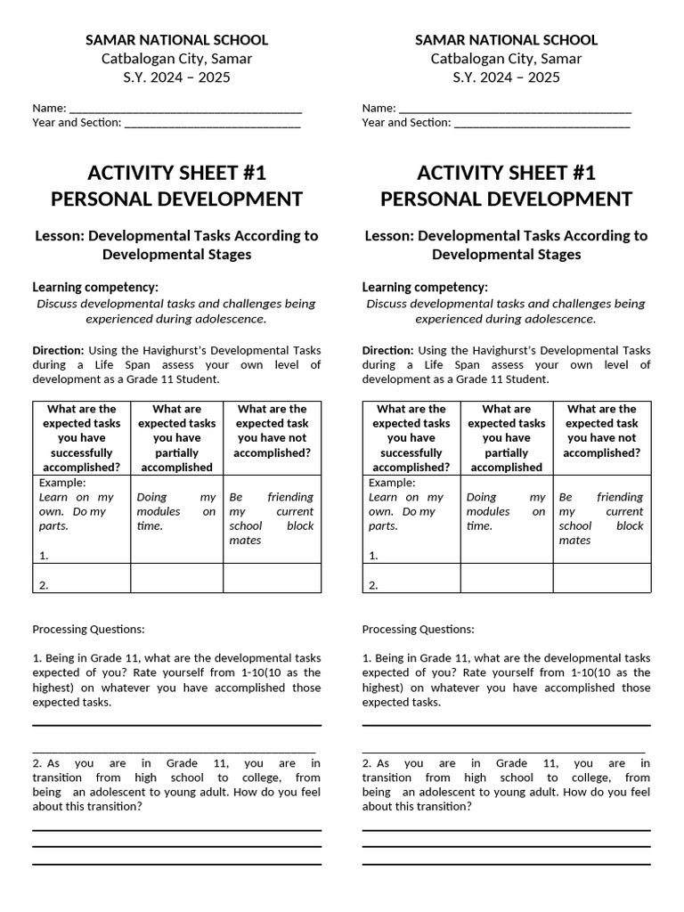 Pers Dev Activity Sheet 1 | PDF