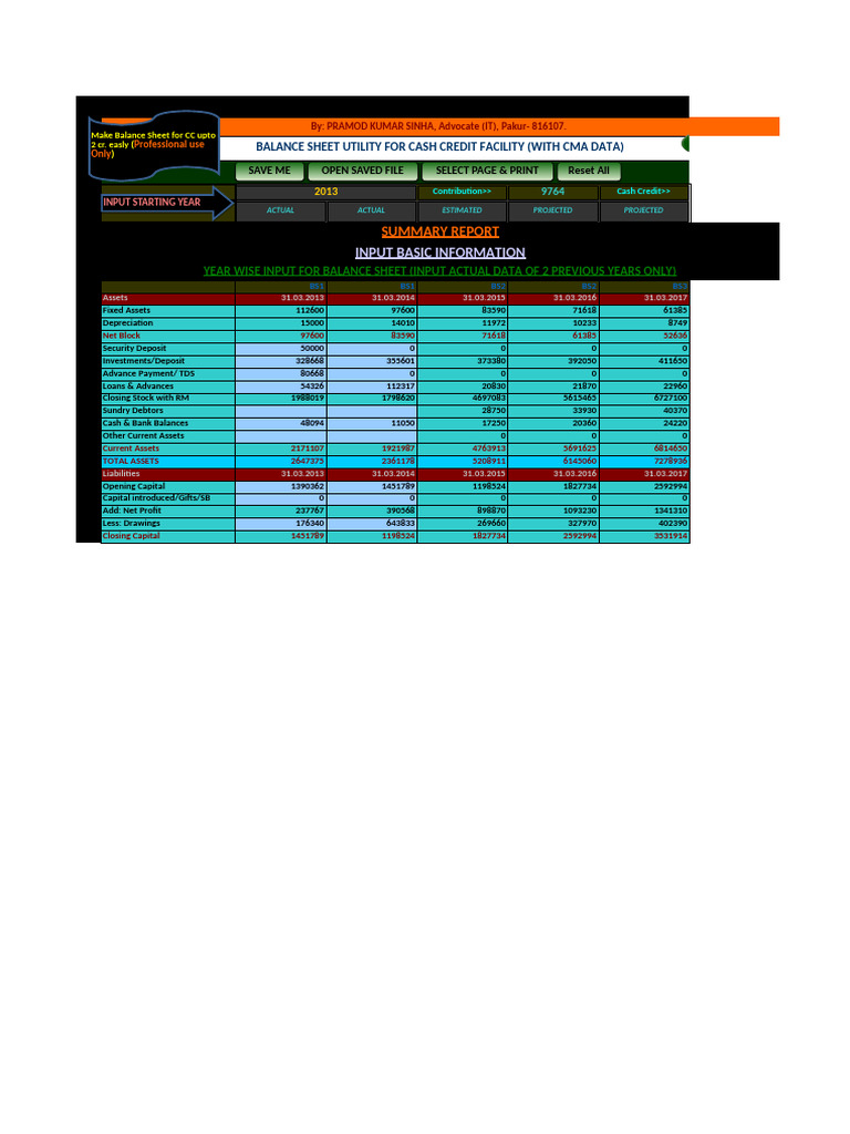 A Balance Sheet Utility For Cash Credit Facility With CMA Data - Software | PDF