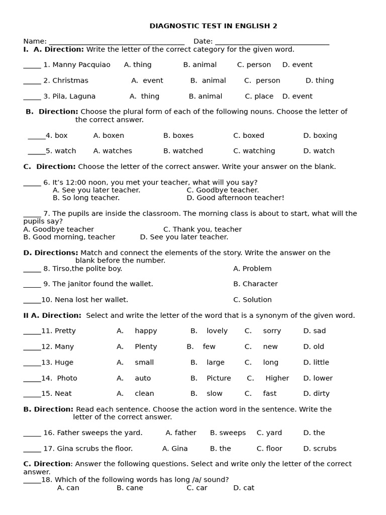 Diagnostic Test Grade 2 | PDF
