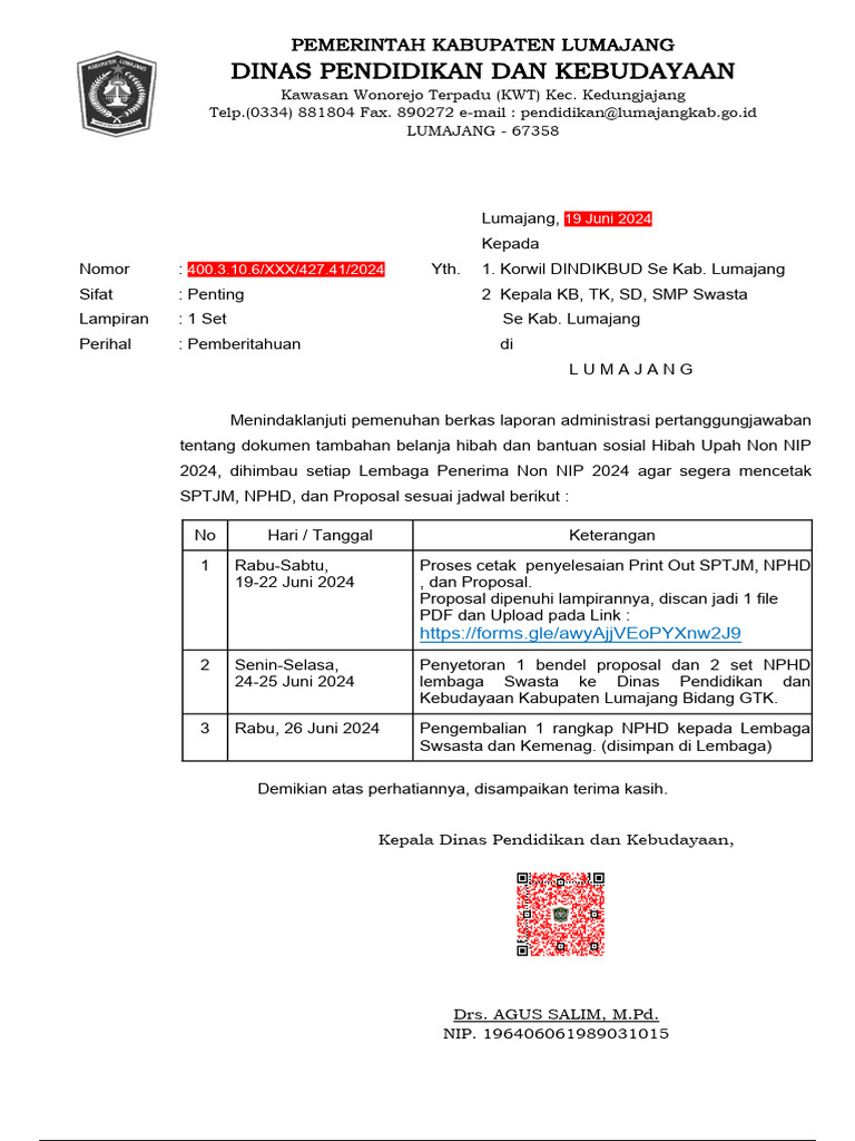 DINDIK Surat Penyelesaian NPHD Dan Proposal Non NIP GTK Swasta Dan Kemenag 2024 | PDF