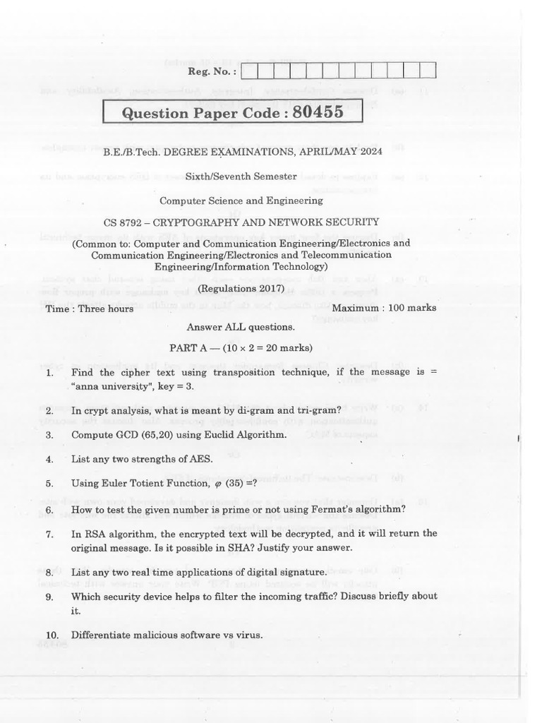 CSE-AM-2024-CS 8792-Cryptography and Network Security-375576811-80455 | PDF CSE-AM-2024-CS 8792-Cryptography and Network Security-375576811-80455 | PDF