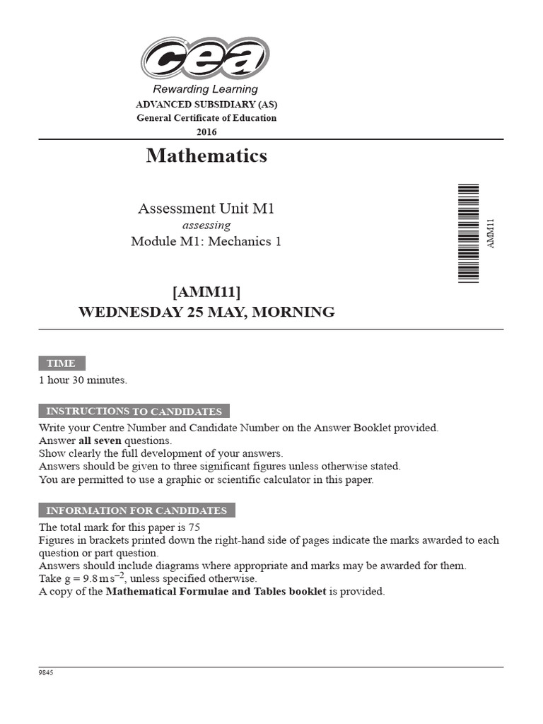 A2AS MATH Past Papers Mark Schemes Standard MayJune Series 2016 18071 | PDF | Force | Velocity