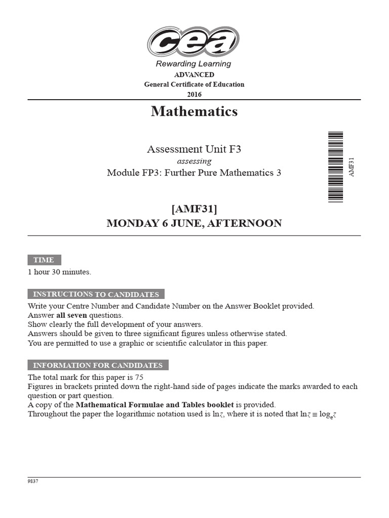 A2AS MATH Past Papers Mark Schemes Standard MayJune Series 2016 18319 ...