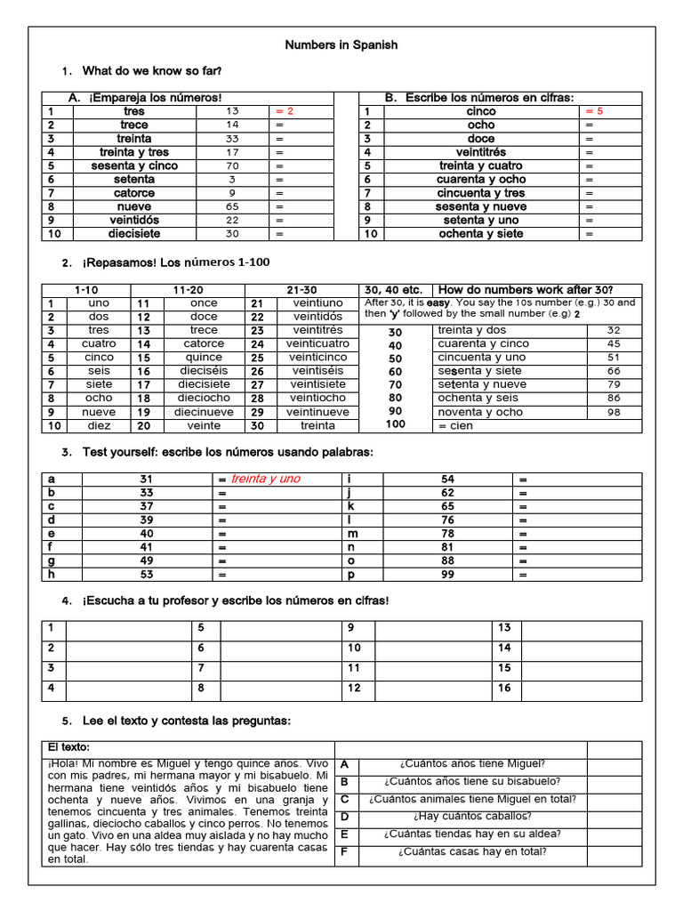 Spanish Numbers Exercise | PDF