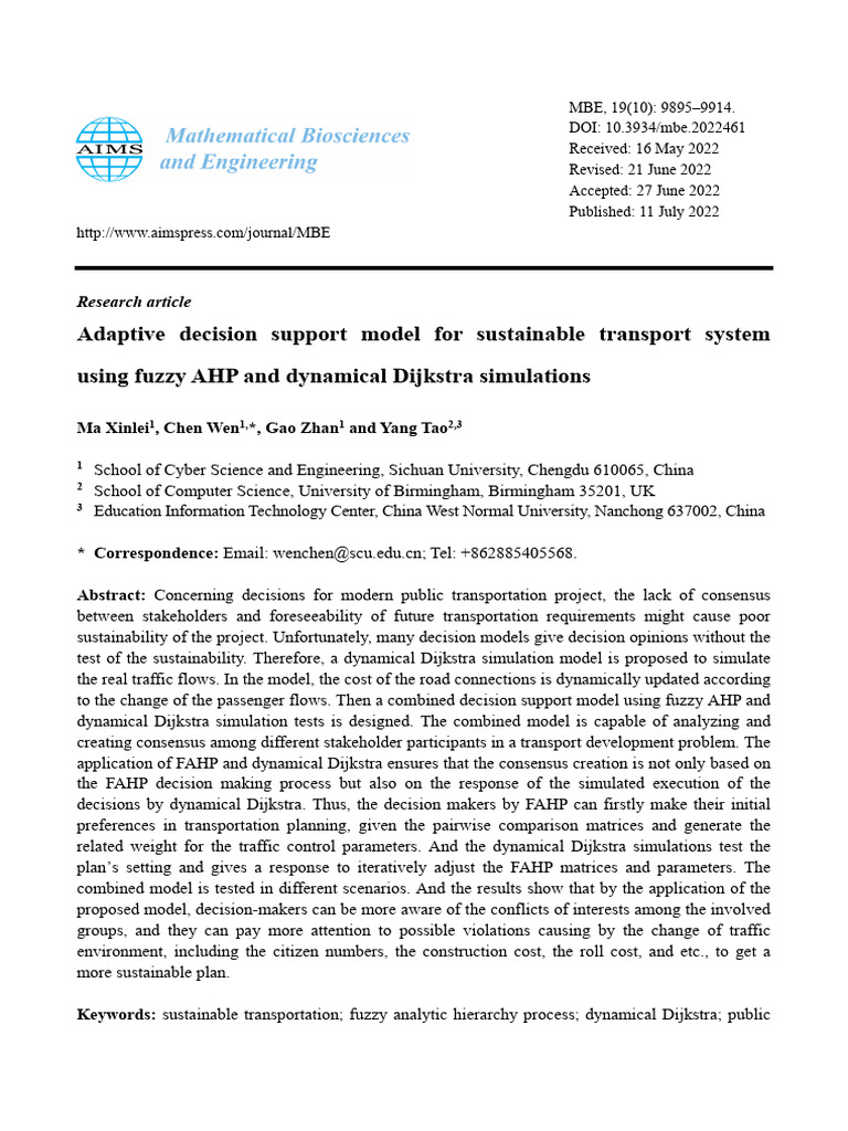 Adaptive Decision Support Model For Sustainable Transport System Using Fuzzy Ahp And Dynamical