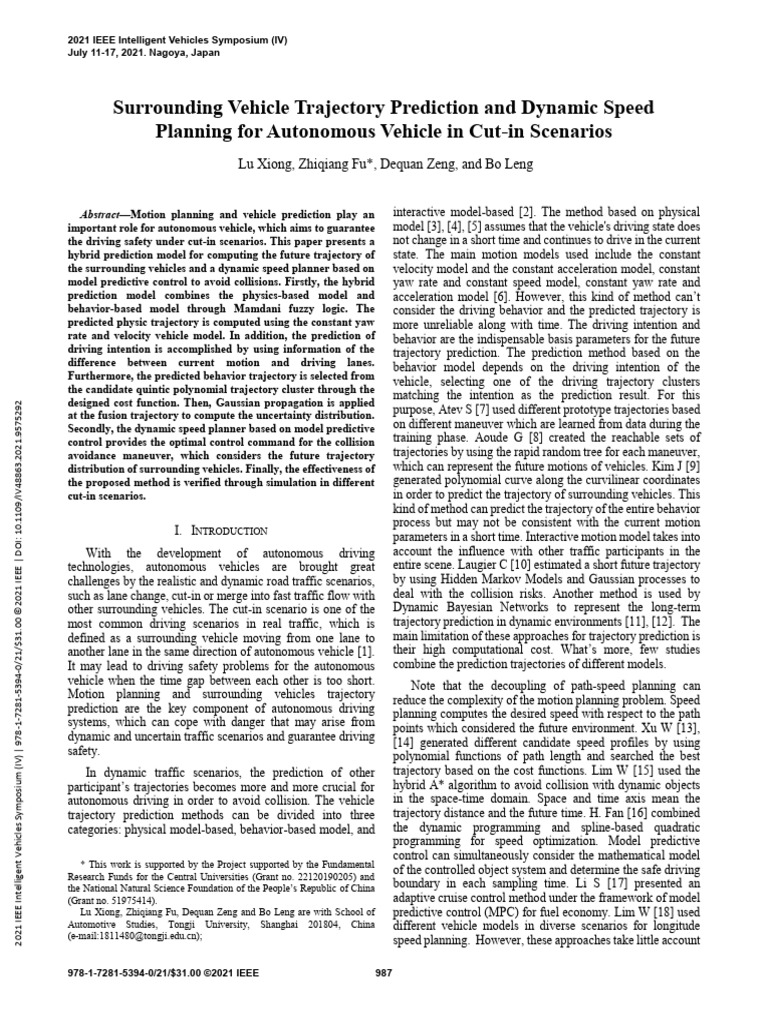 Surrounding Vehicle Trajectory Prediction and Dynamic Speed Planning ...