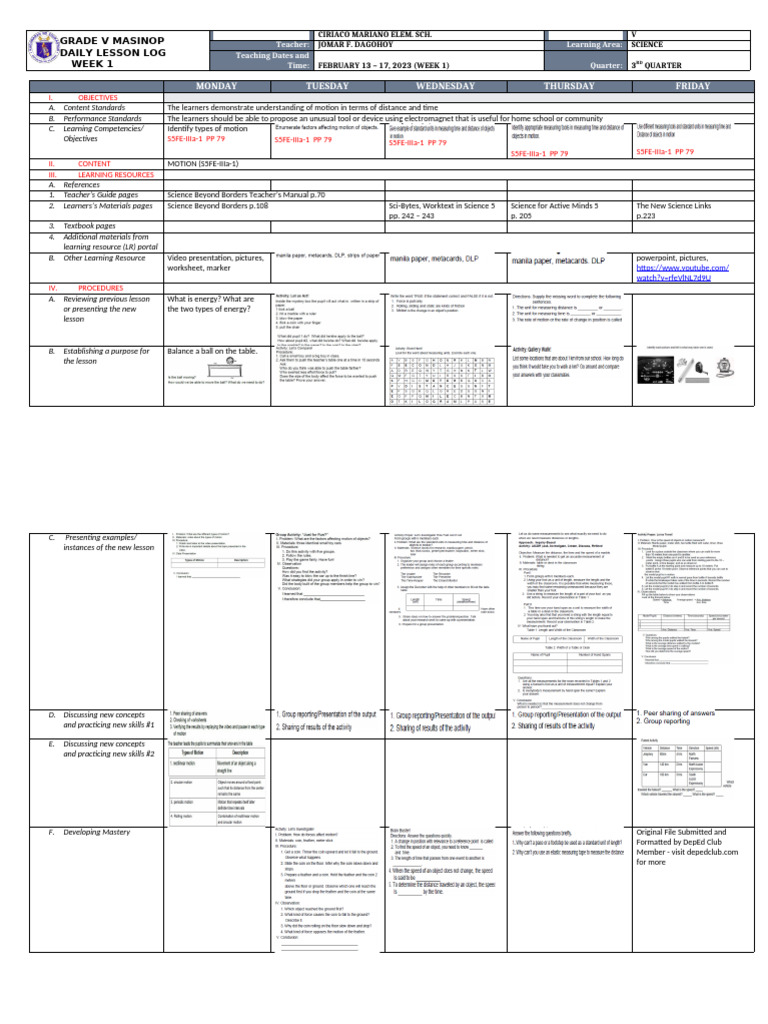 DLL - Science 5 - Q3 - W1 | PDF