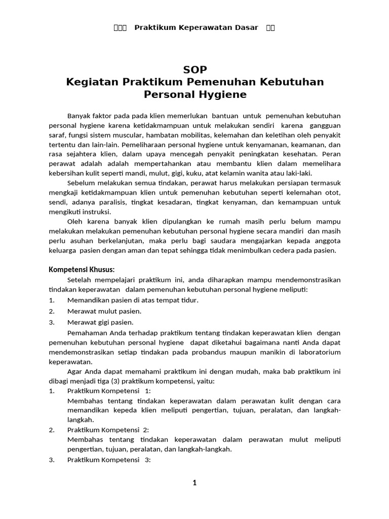 Sop Tool Kompetensi Praktikum Personal Hygiene Ritual Tidur | PDF