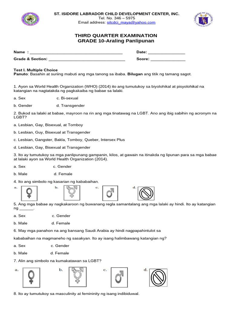 Third Quarter Examination JHS Ap10 | PDF | Social Science | LGBTQIA+ Studies