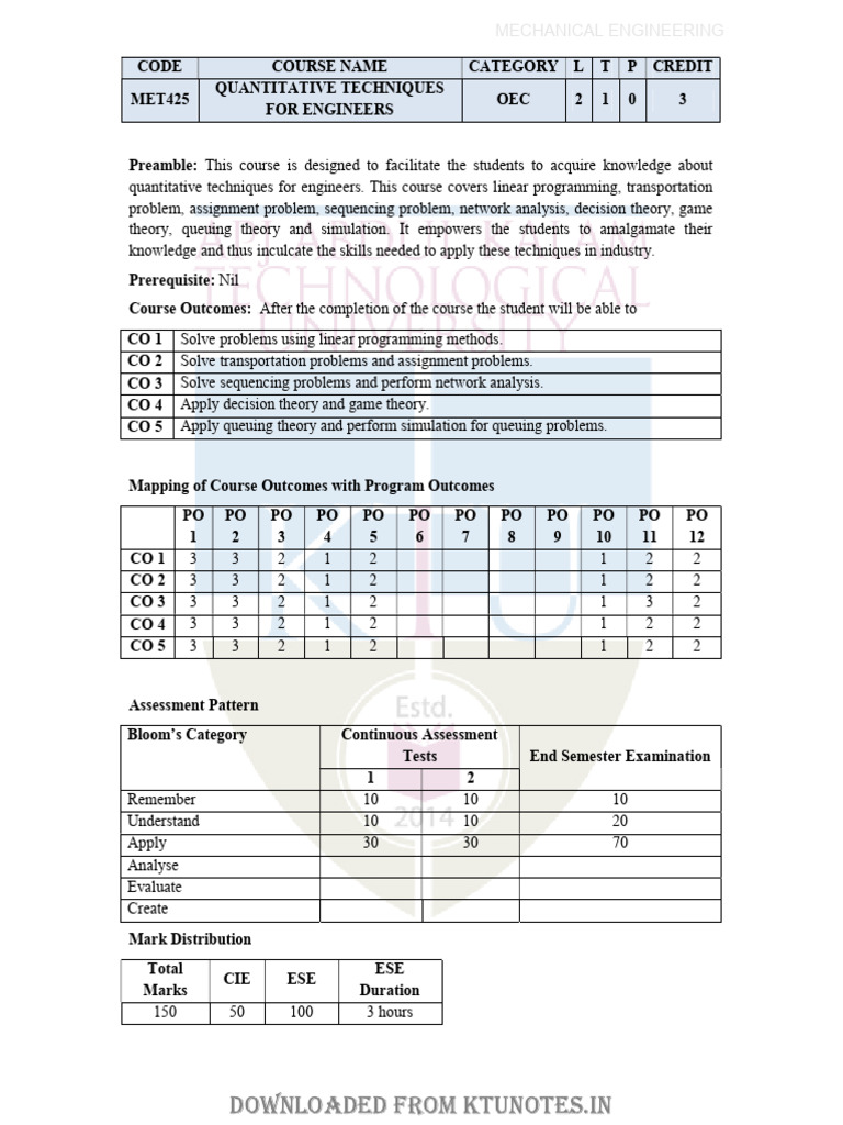 Quantitative Techniques For Engineers | PDF