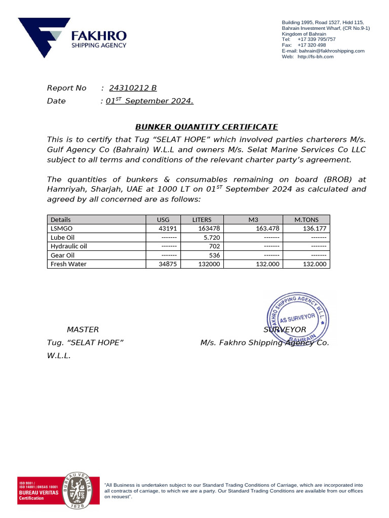Selat Hope - Bunker Qty Certificate | PDF