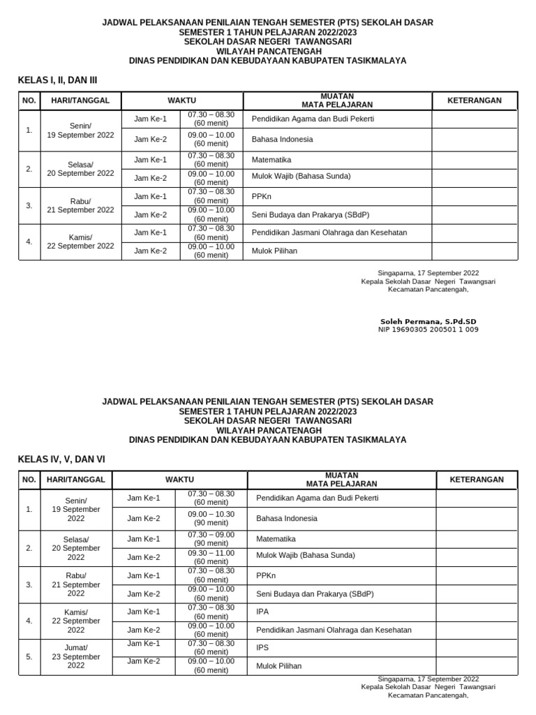 JADWAL PTS PARSIAL 2022 2023 | PDF