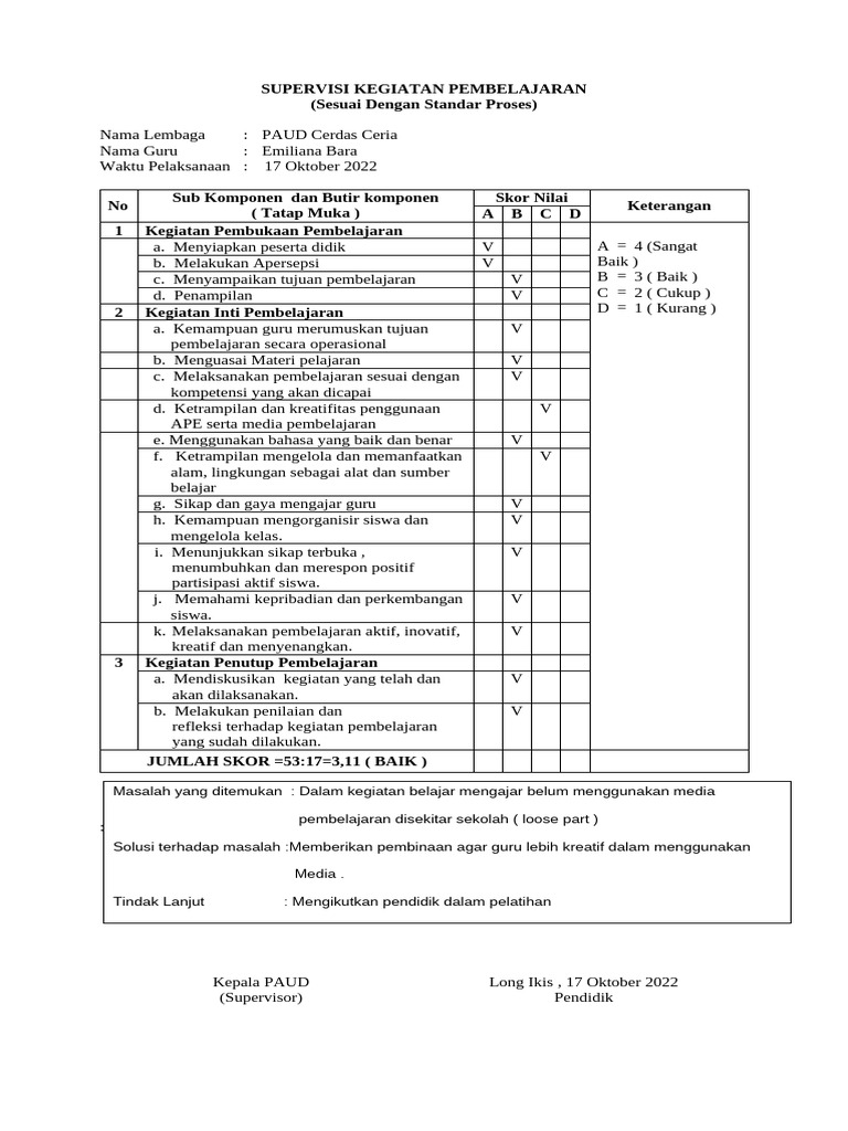 Supervisi Kegiatan Pembelajaran Paud Ceria | PDF