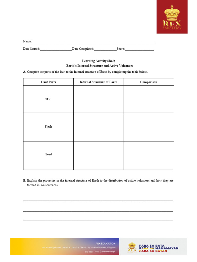 Learning Activity Sheet Earth's Internal Structure and Active Volcanoes ...
