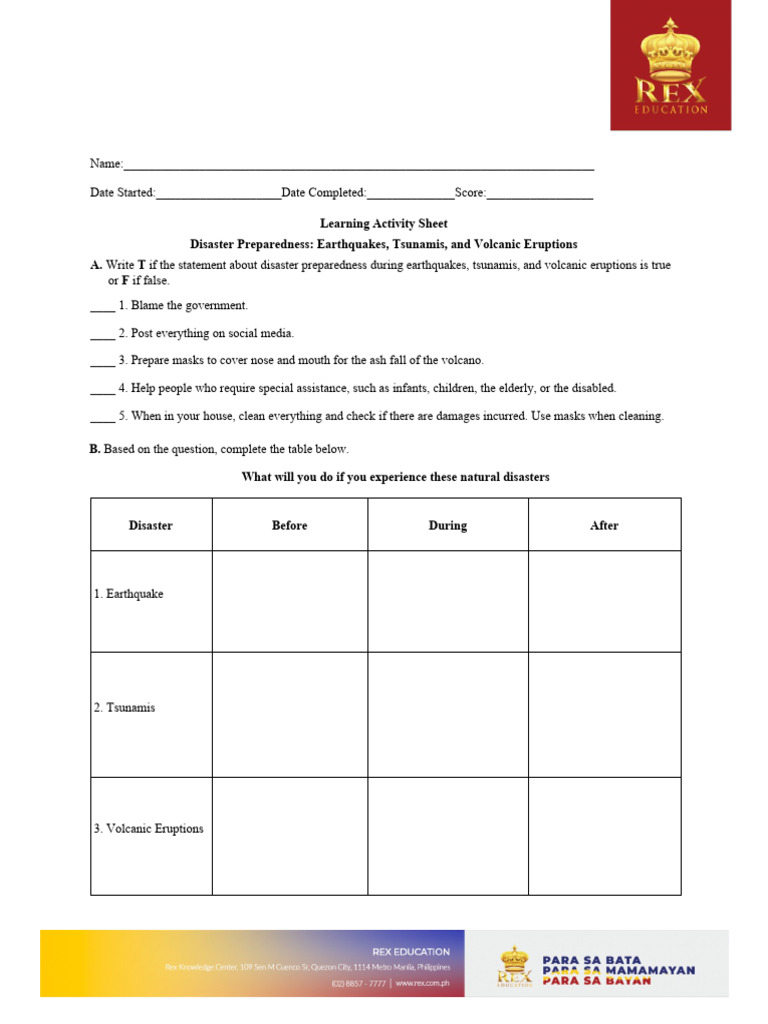 Learning Activity Sheet Disaster Preparedness Earthquakes, Tsunamis ...