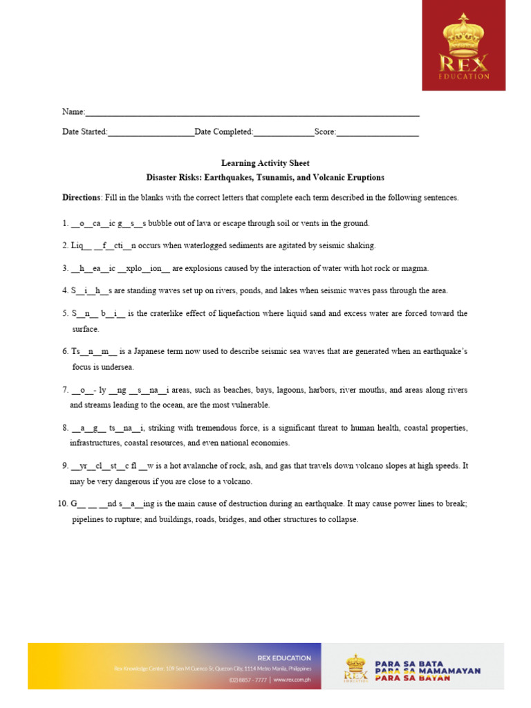 Learning Activity Sheet Disaster Risks - Earthquakes, Tsunamis, and ...