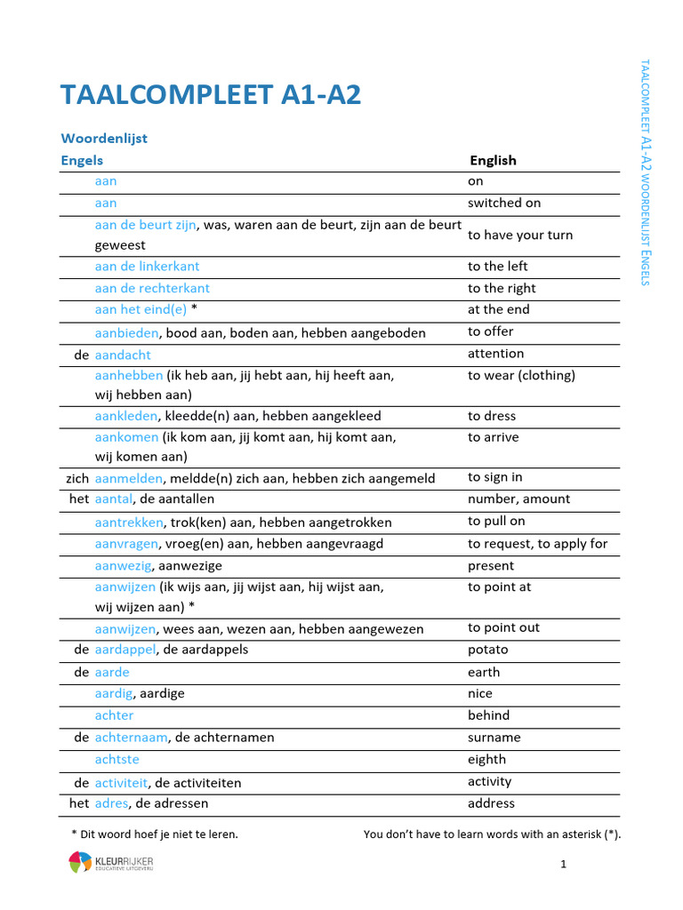 Woordenlijsten A1 Si A2 Alfabetisch Nederlandsengels Compress | PDF